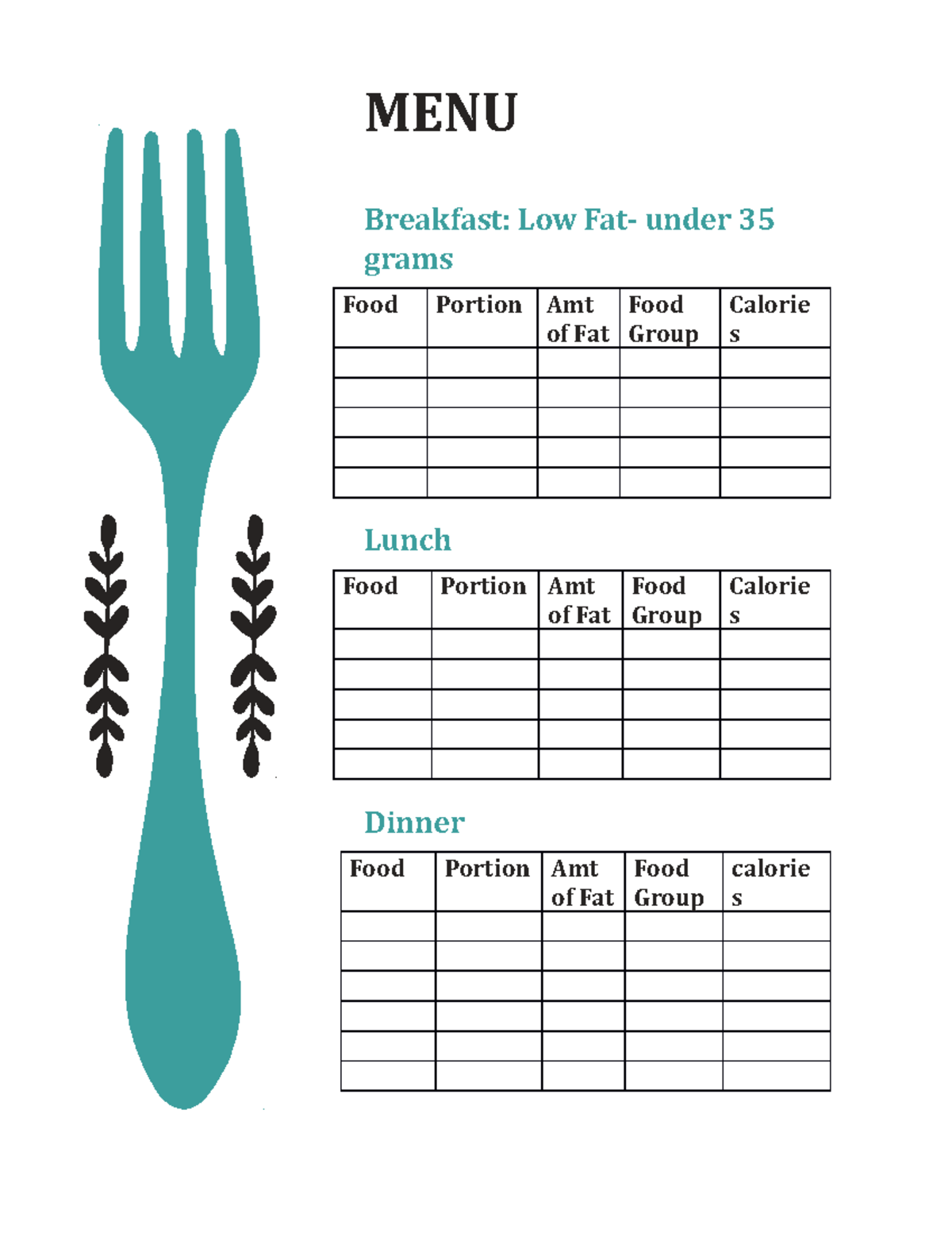 Menu low fat and calories - MENU Breakfast: Low Fat- under 35 grams ...