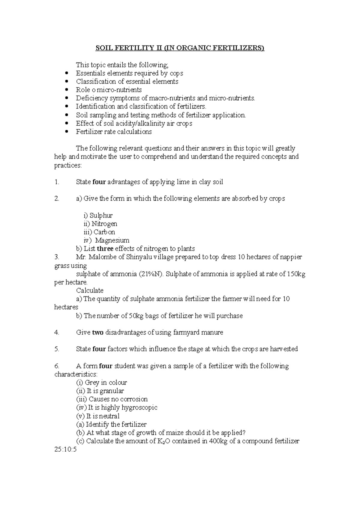 SOIL Fertility II Q - SOIL FERTILITY II (IN ORGANIC FERTILIZERS) This ...