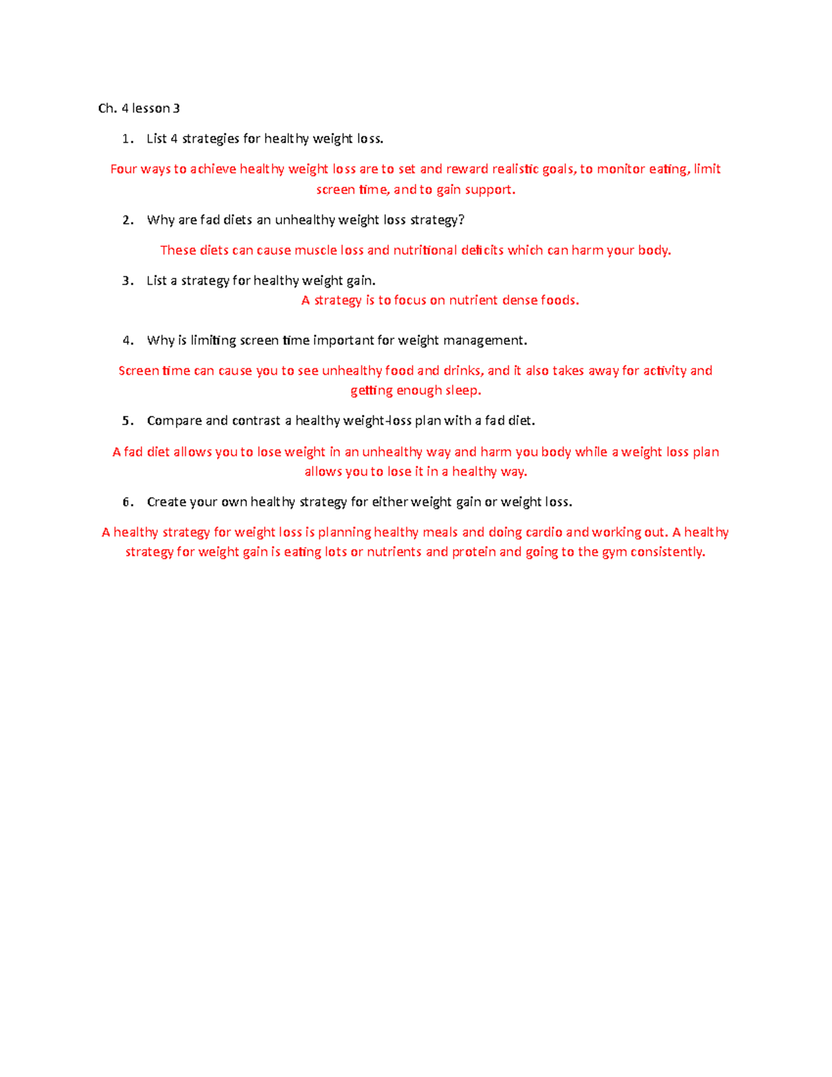 4 - unit 4.3 assignment - Ch. 4 lesson 3 List 4 strategies for healthy ...