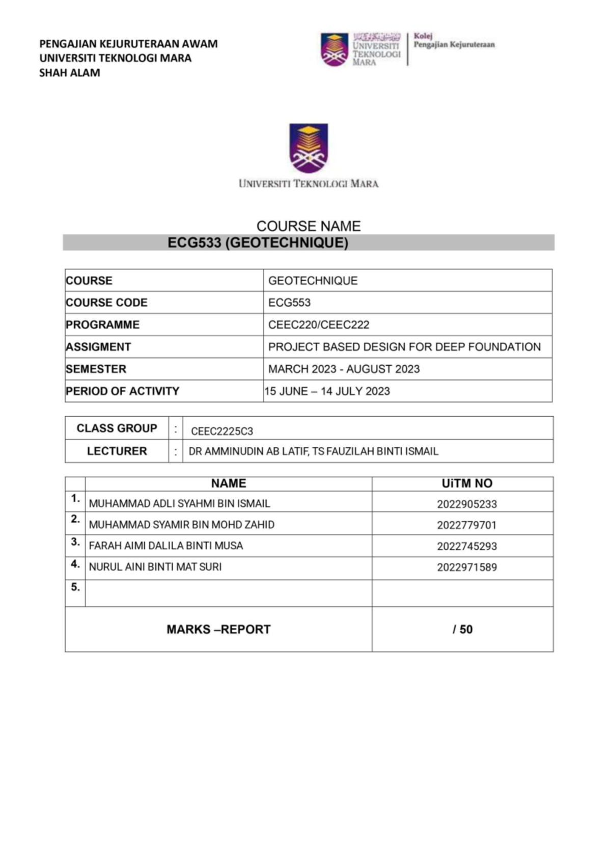 Group 2 Project ECG553 - TABLE OF CONTENTS - Studocu