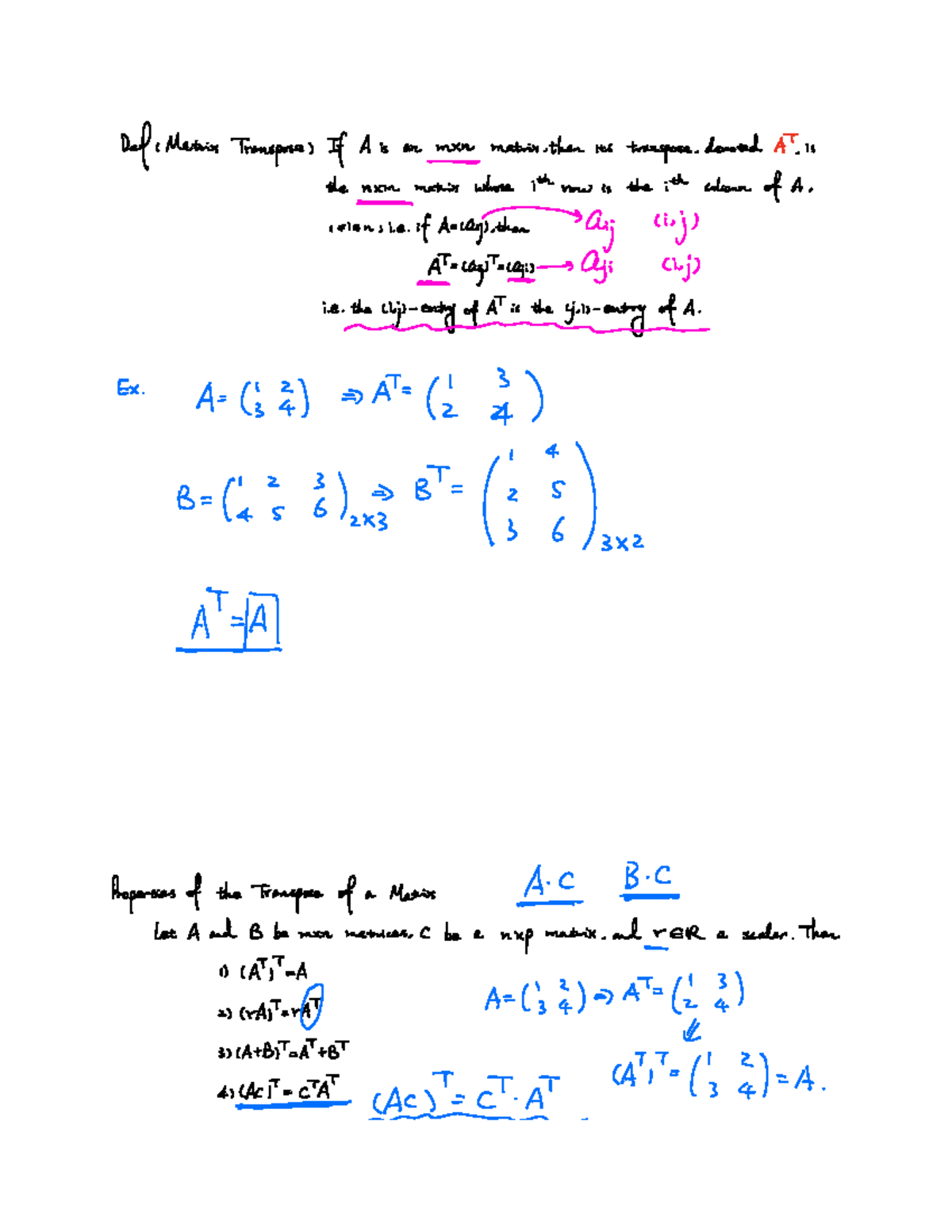 Dr Xiao Math 211 Notes Sep19. Matrix Transpose - DefMatrix Tanspose If ...