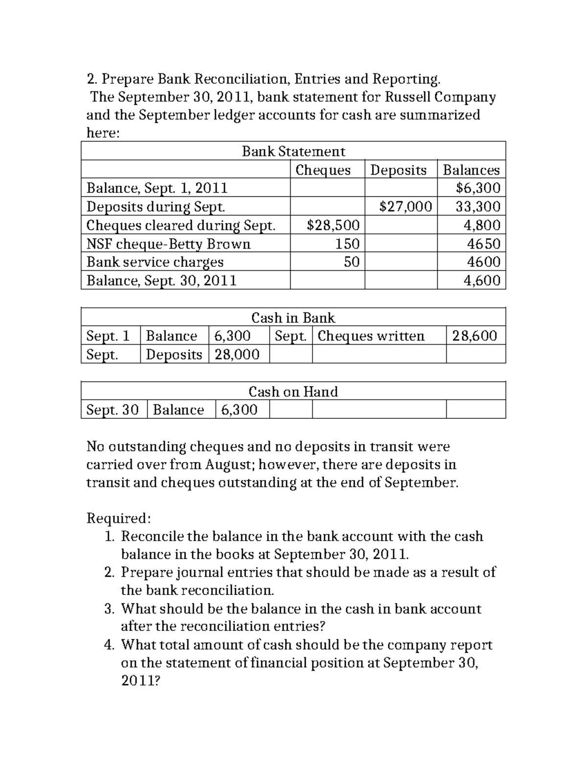 Bank reconciliation exercise - Prepare Bank Reconciliation, Entries and ...