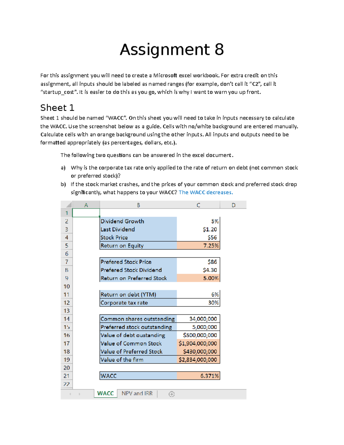 Assignment - WACC, NPV and IRR 0 - Assignment 8 For this assignment you will need to create a ...