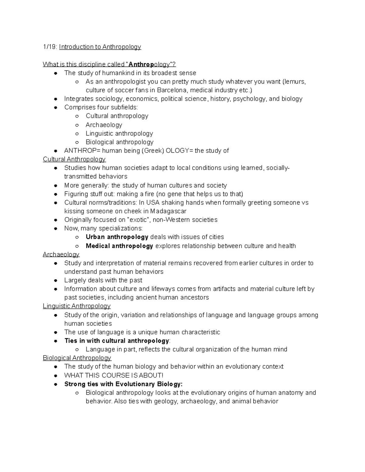 Exam 1 Class Notes - 1/19: Introduction to Anthropology What is this ...