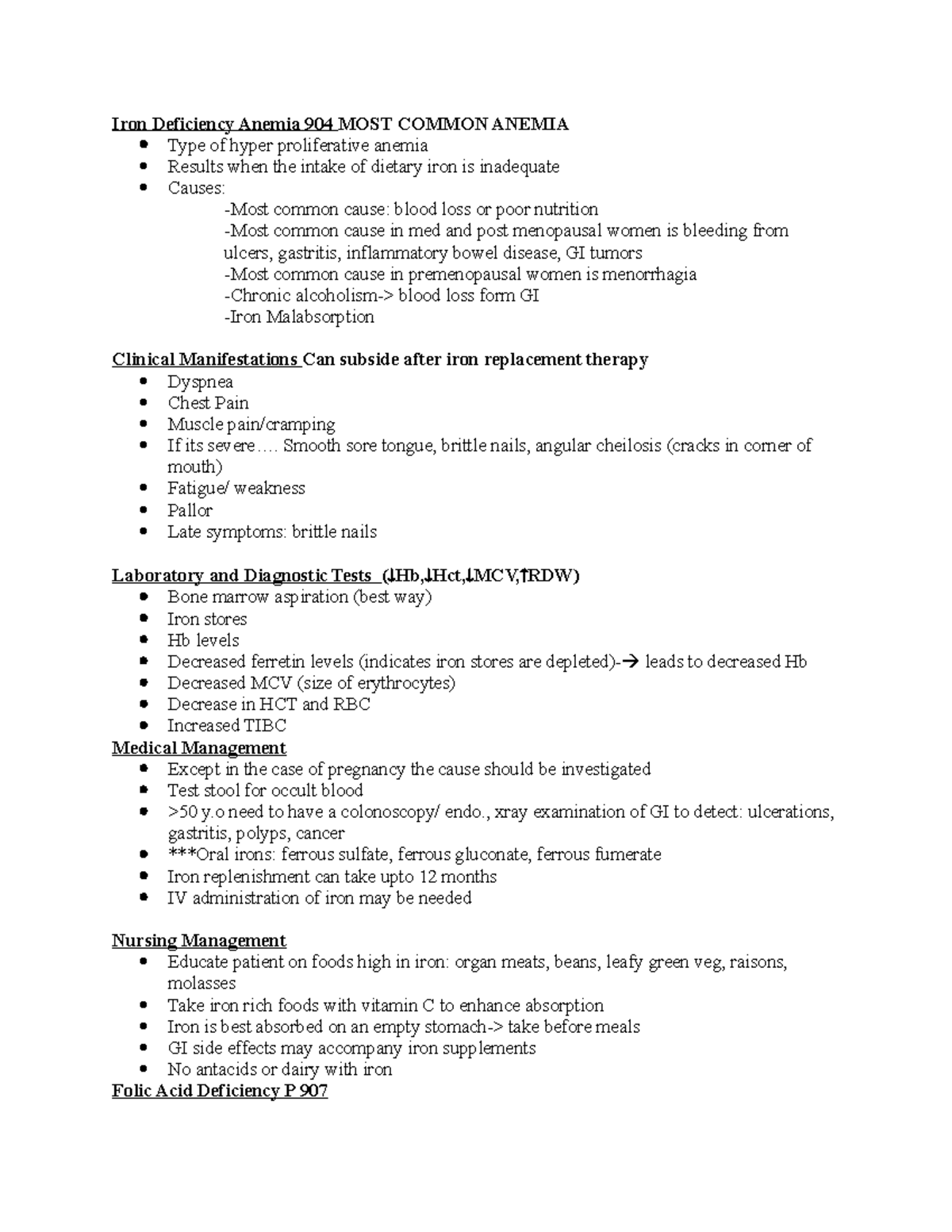 Adult 1 notes Anemias - Iron Deficiency Anemia 904 MOST COMMON ANEMIA ...