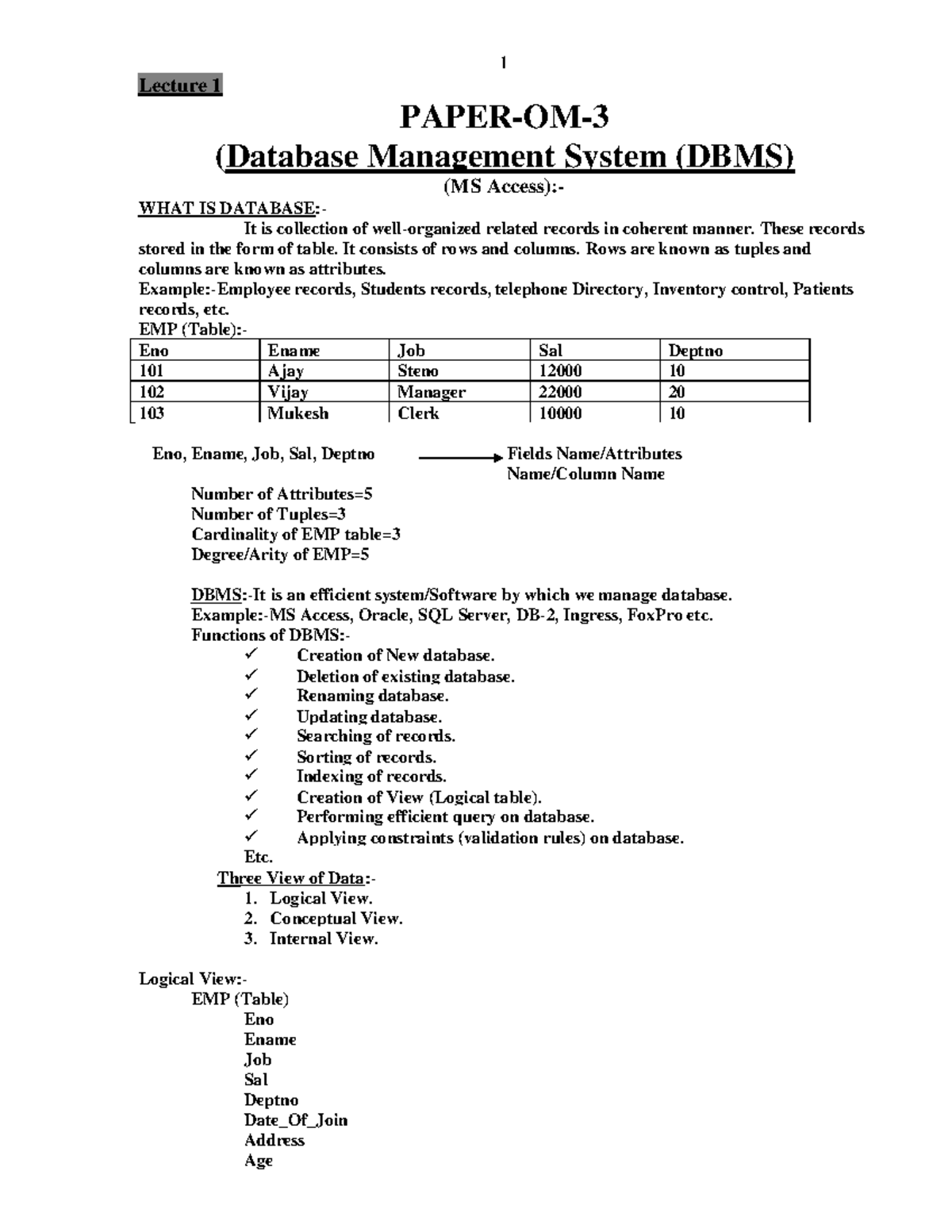 (Database Management System (DBMS) - Lecture 1 PAPER-OM- (Database ...