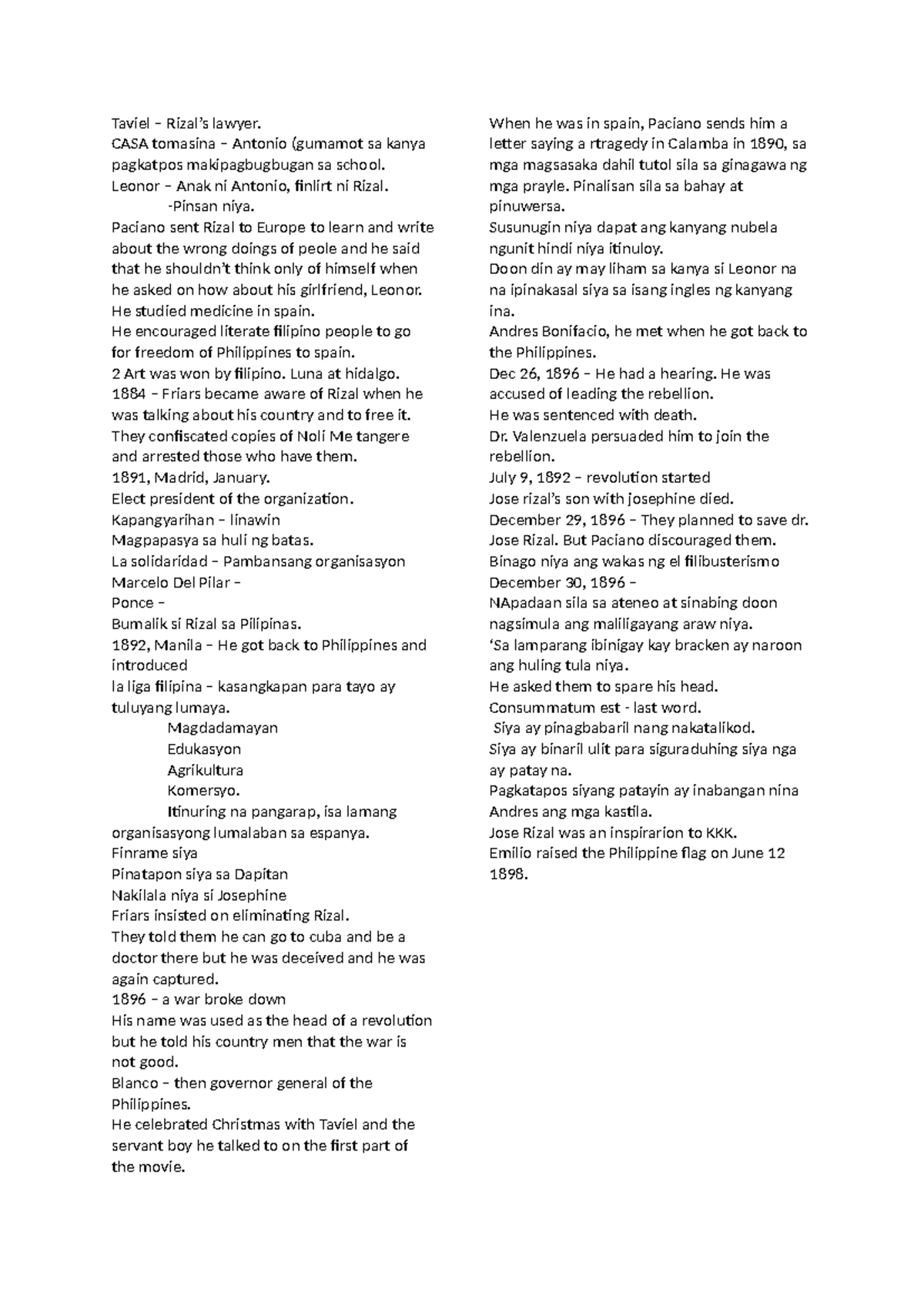 Rizal notes - Taviel – Rizal’s lawyer. CASA tomasina – Antonio (gumamot ...