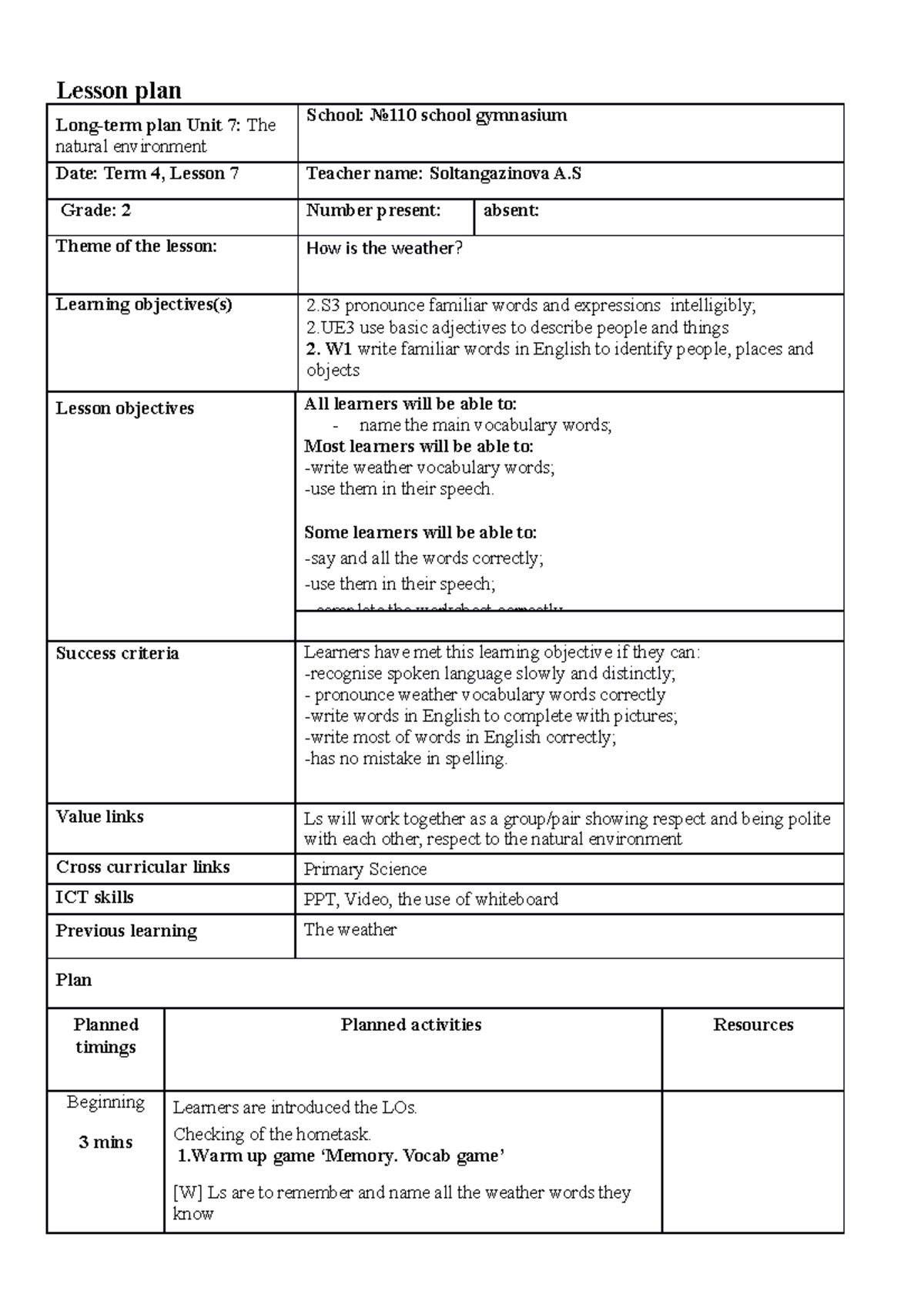 2 group - Lesson plan Long-term plan Unit 7: The natural environment ...