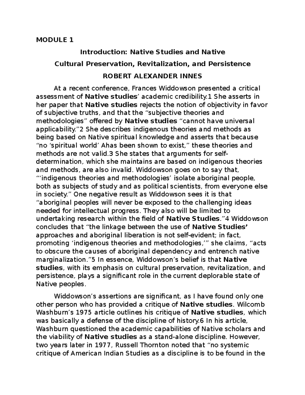 IND Module 1 - lecture notes - MODULE 1 Introduction: Native Studies ...