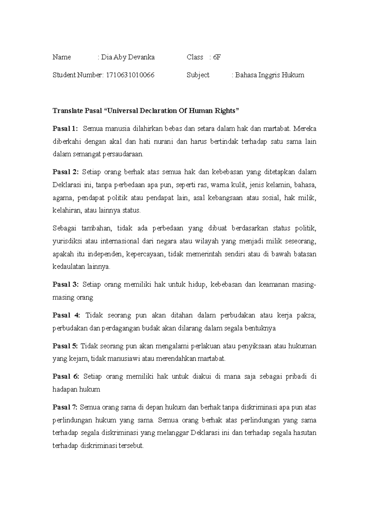 English Law Translate Pasal 1-7 - Name : Dia Aby Devanka Class : 6F ...