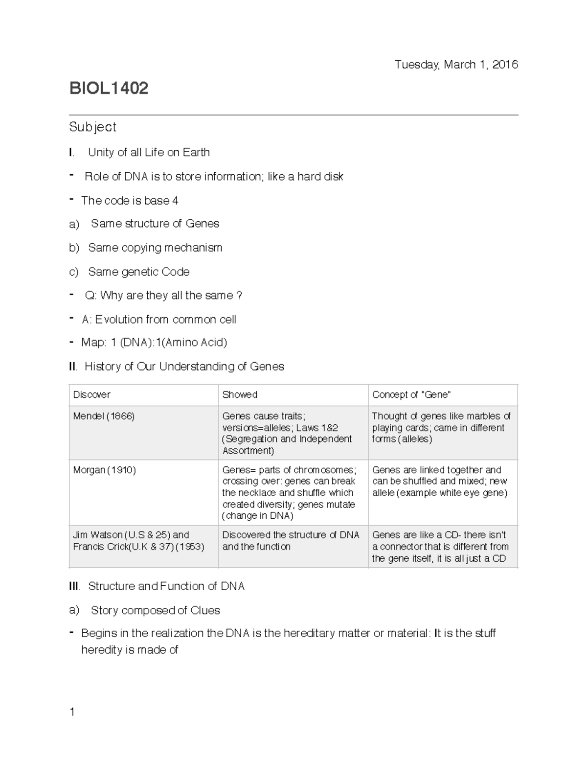 Class Notes 10 (Unity of Life) - Tuesday, March 1, 2016 BIOL Subject I ...