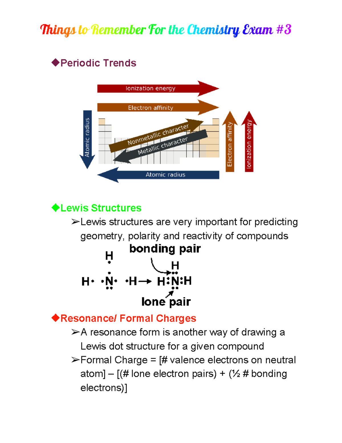 Chem 131 Exam 3 review - T h i n g s t o R e m e m b e r F o r t h e C ...