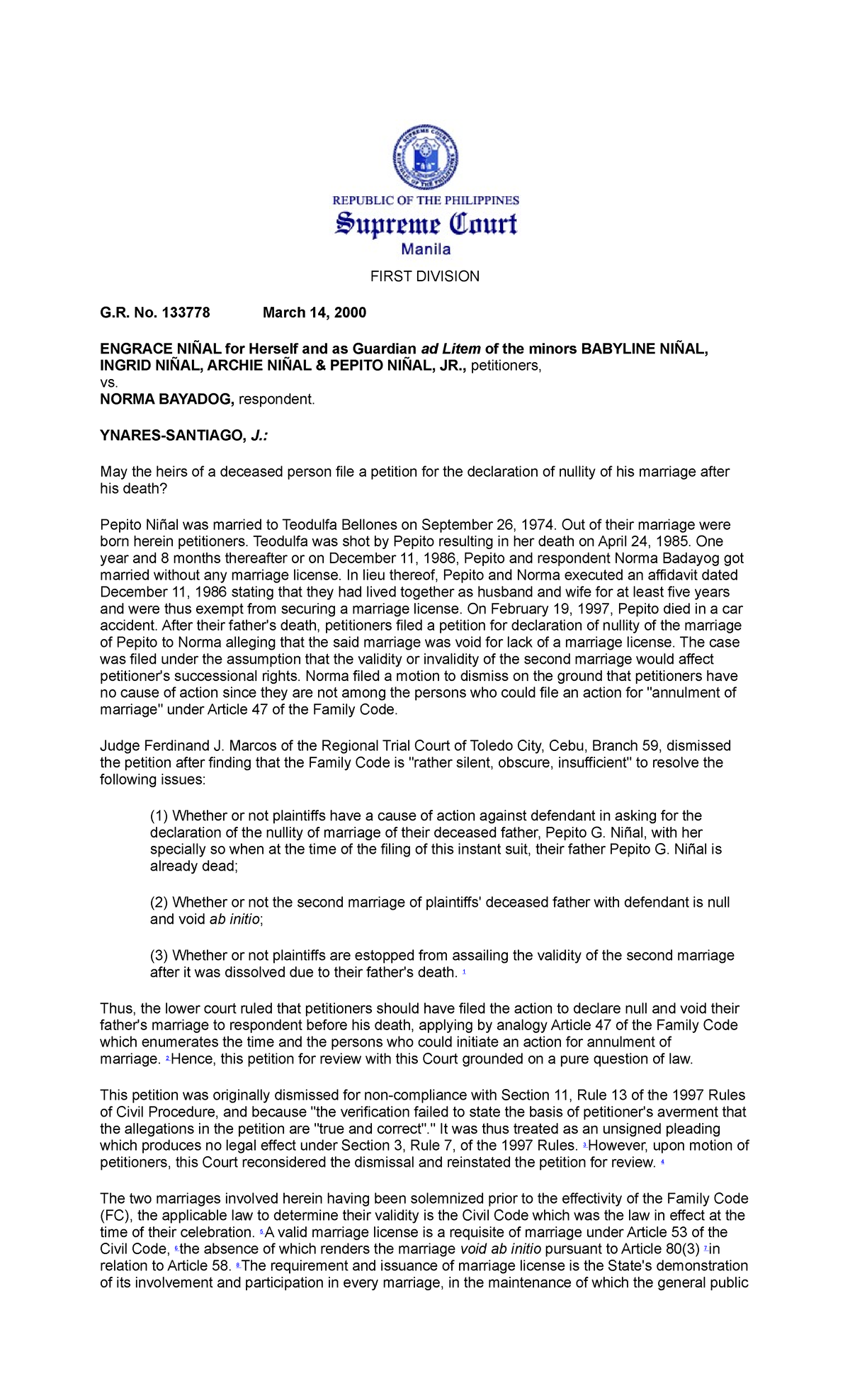 Art. 34 Niñal vs. Bayadog 284 Phil 661 - BS accountancy - Studocu