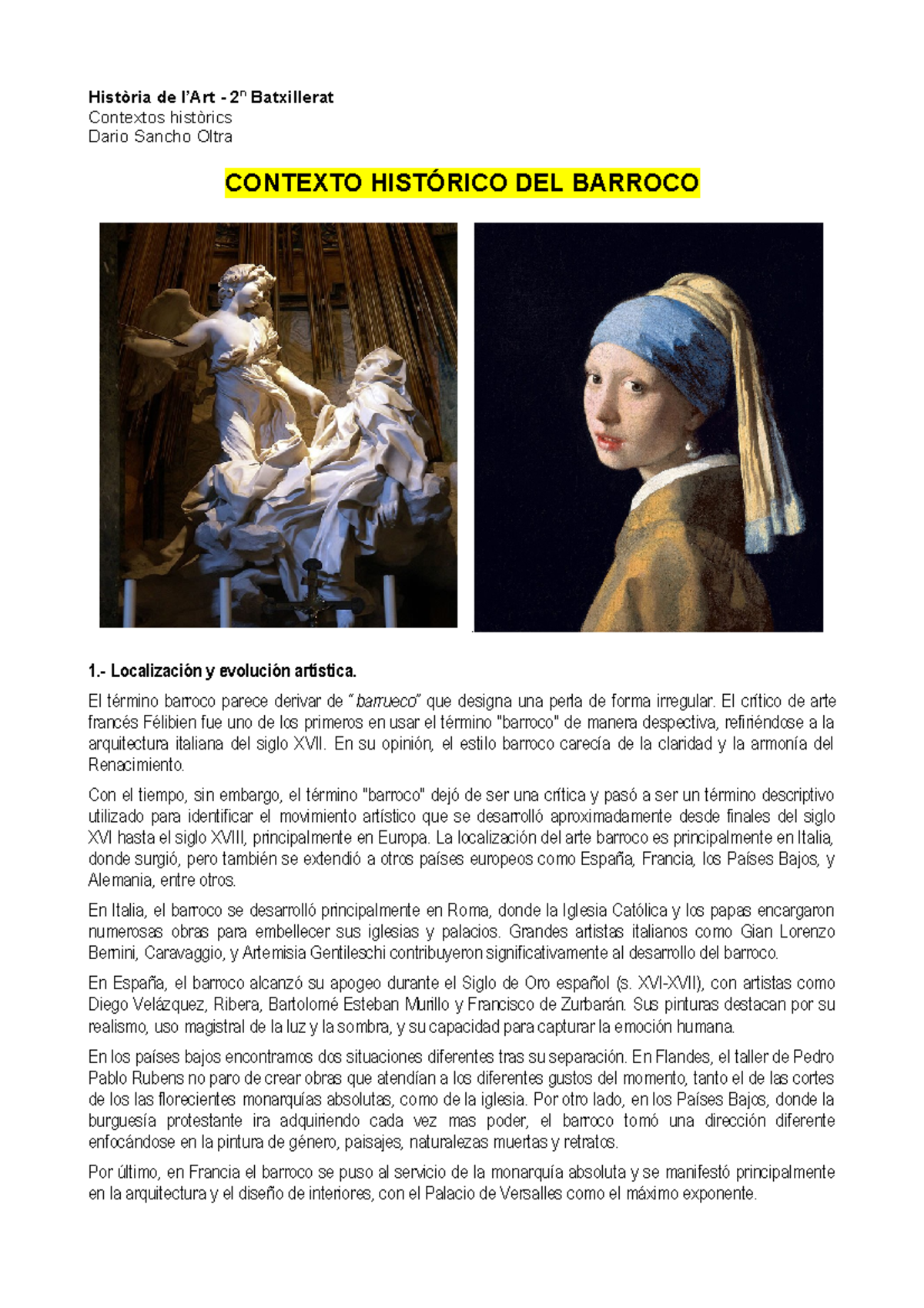 Contexto Barroco - Història de l’Art - 2n Batxillerat Contextos històrics Dario Sancho Oltra ...
