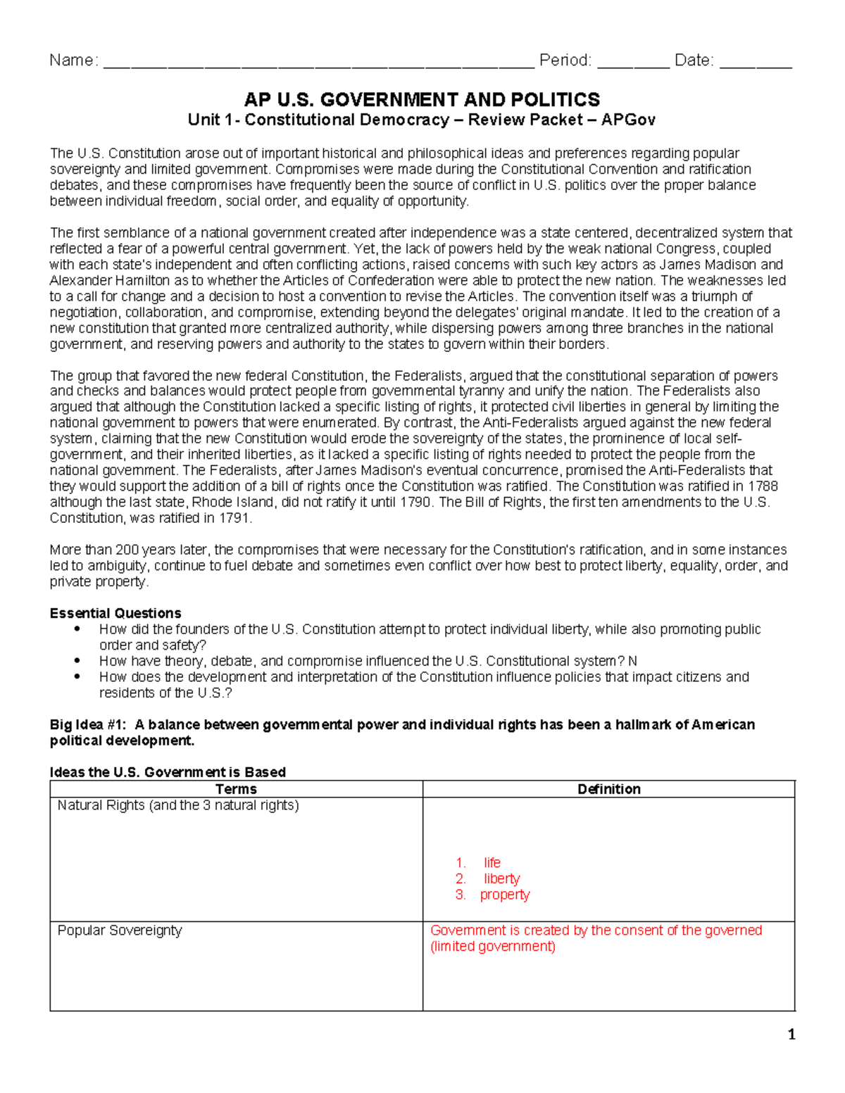 Unit 1 Review Packet - Name ...
