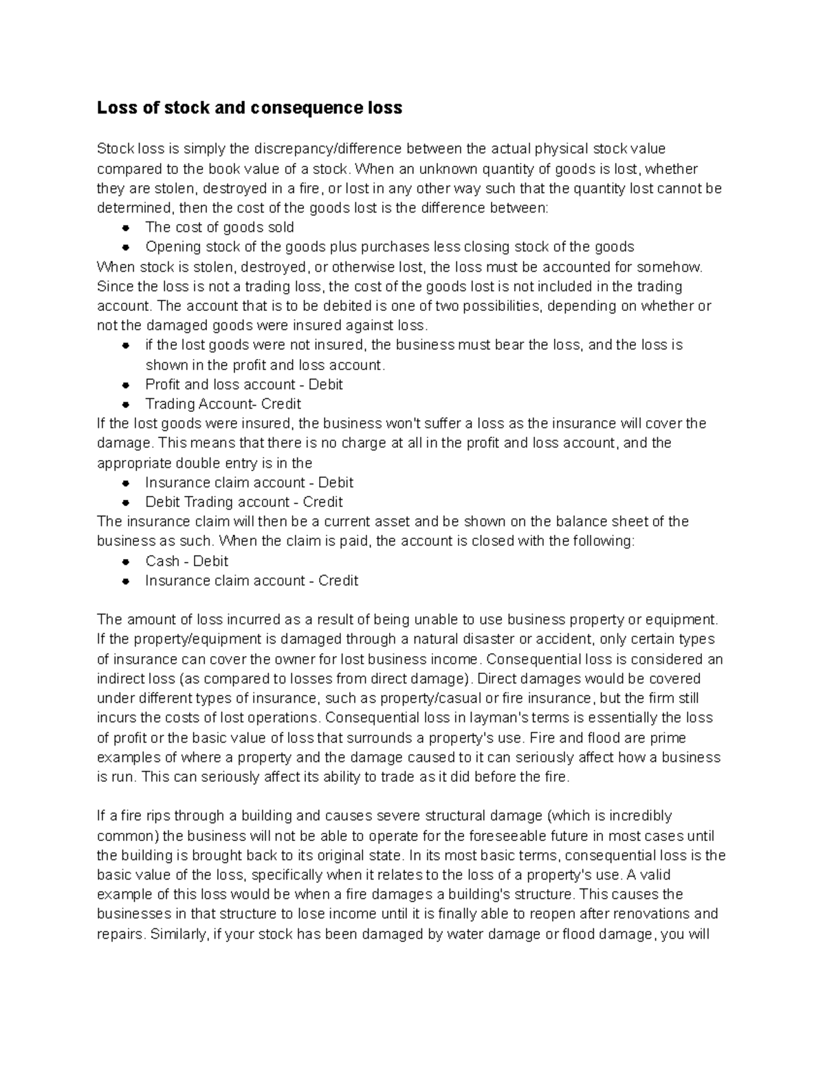 Loss of stock and consequence loss - When an unknown quantity of goods ...