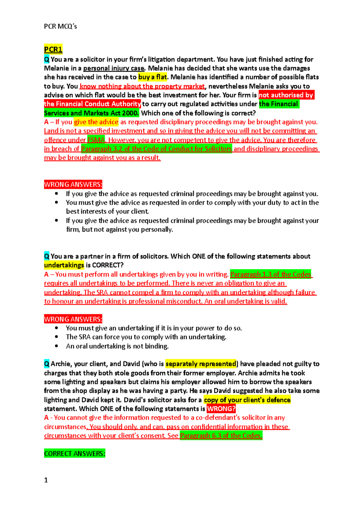 PCR MCQ's for Exam - PCR Q You are a solicitor in your firm’s ...