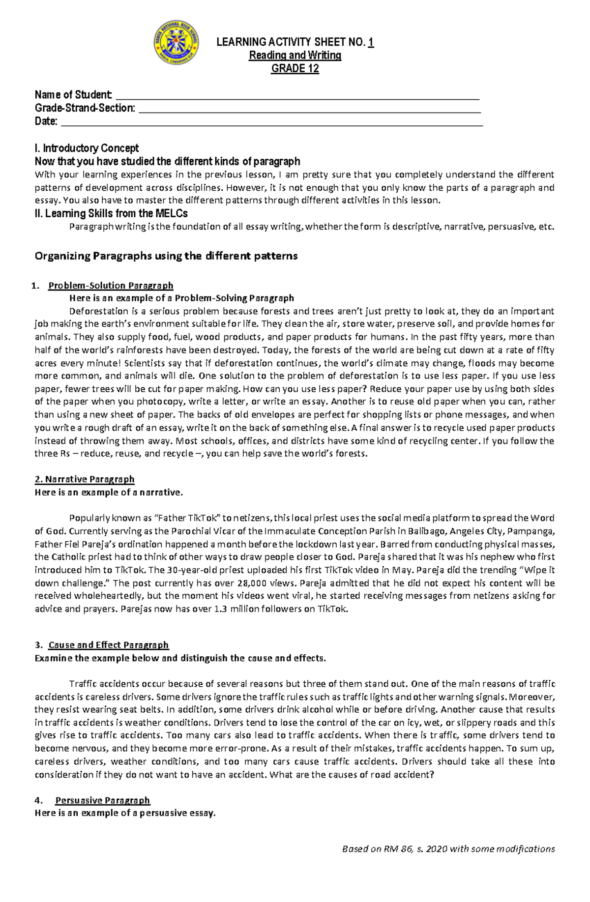 LAS-Reading and Writing 1 - LEARNING ACTIVITY SHEET NO. 1 Reading and ...