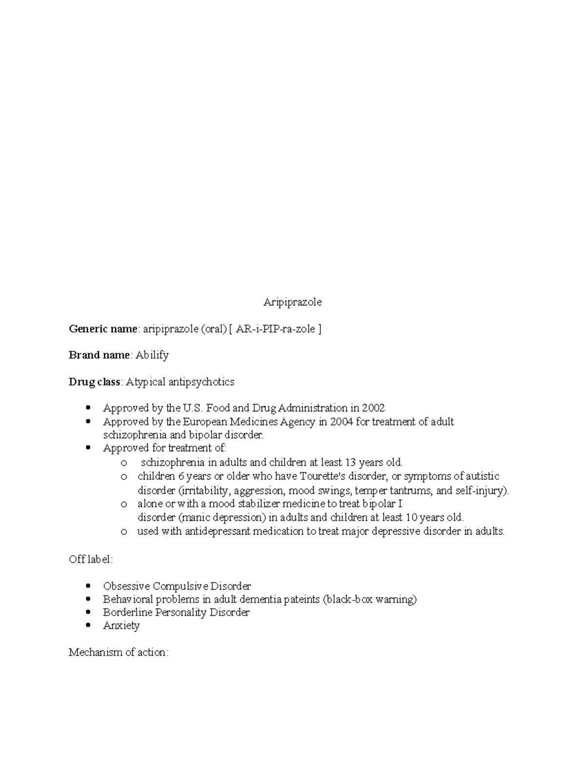Week7Aripiprazole copy - Aripiprazole Generic name: aripiprazole (oral ...