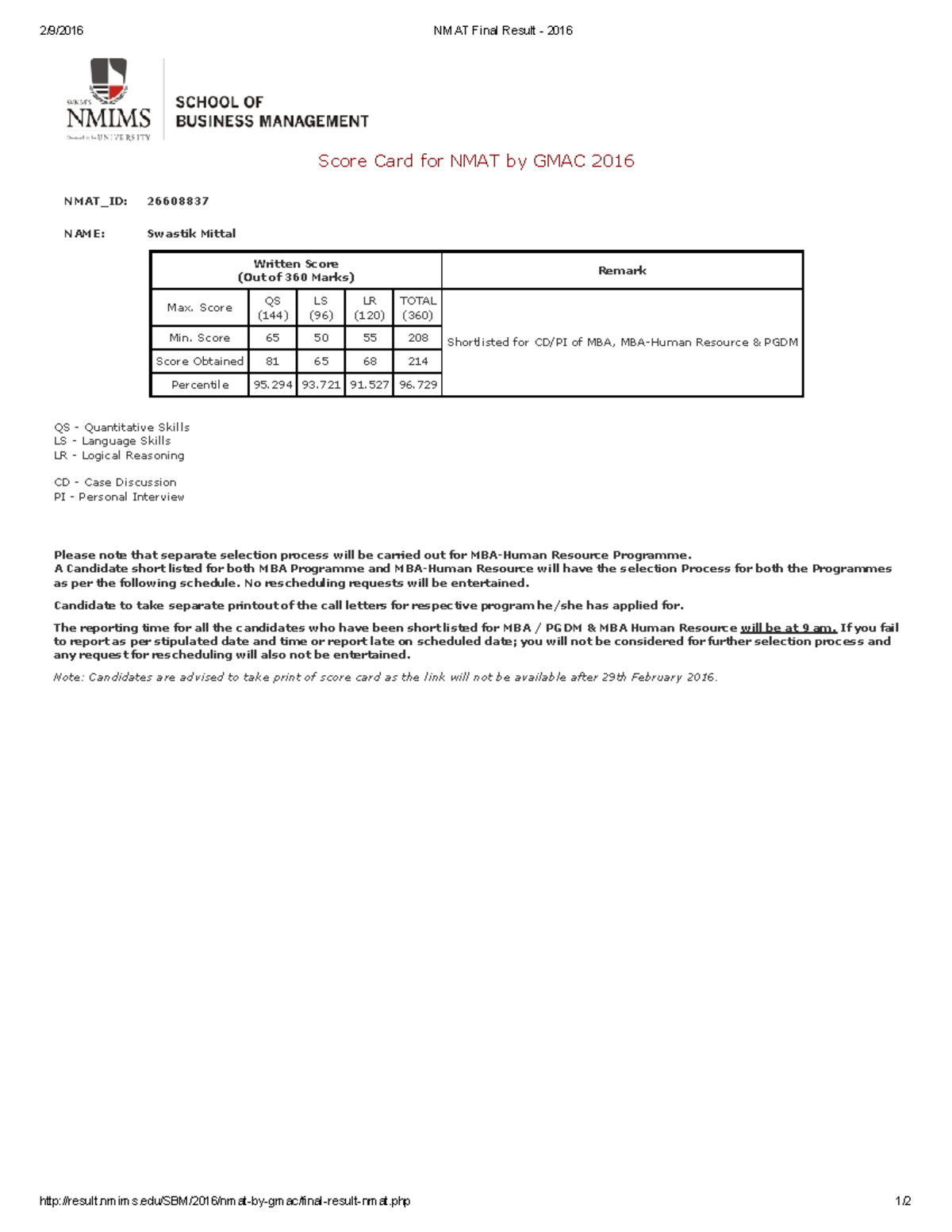 312908407 Nmims Call Letter - 10$7 )LQDO 5HVXOW - Studocu