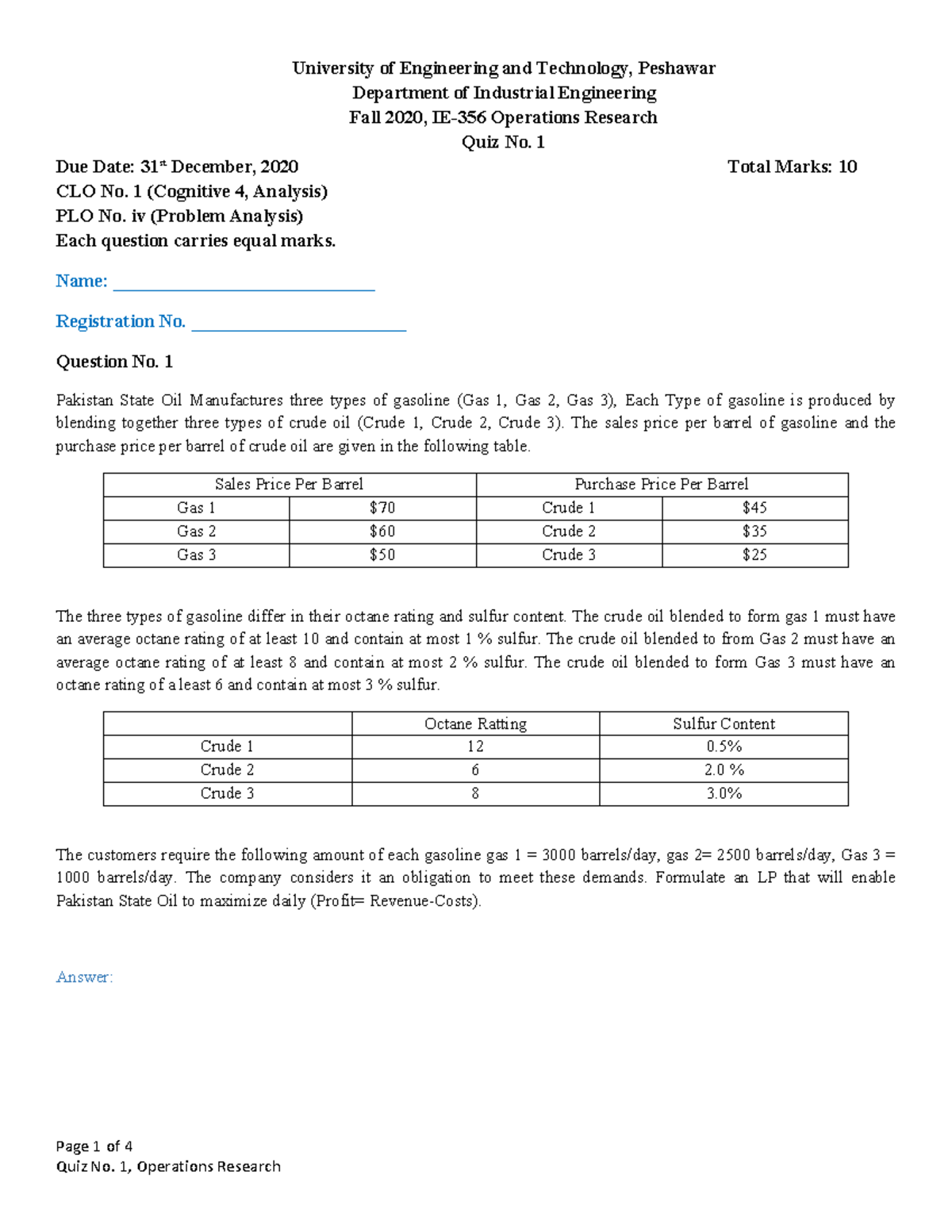 OR Quiz 1 LP Modeling in operations research - Page 1 of 4 University of Engineering and ...