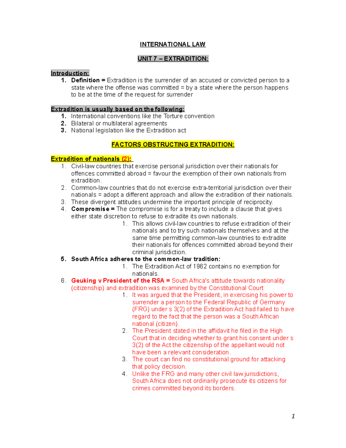 Unit 7 - Summary course - INTERNATIONAL LAW UNIT 7 – EXTRADITION ...