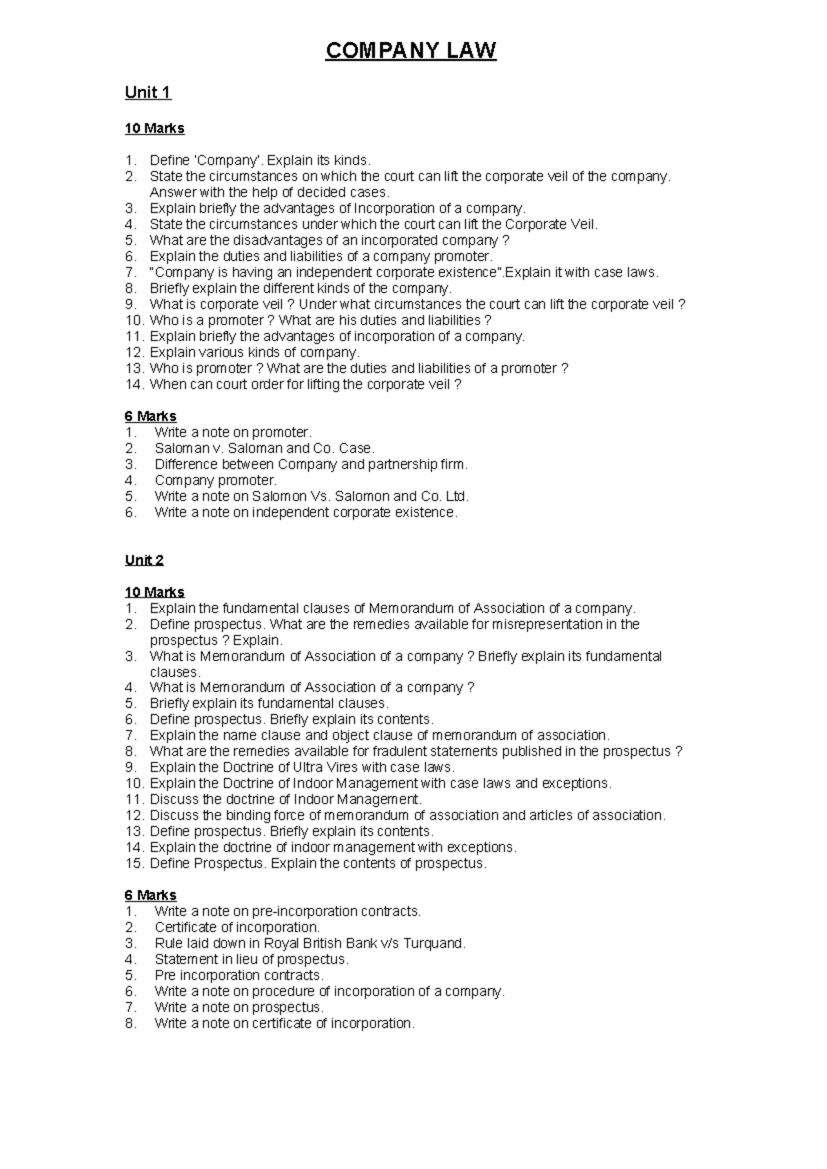Company Law Imp Questions - COMPANY LAW Unit 1 10 Marks Define ‘Company ...