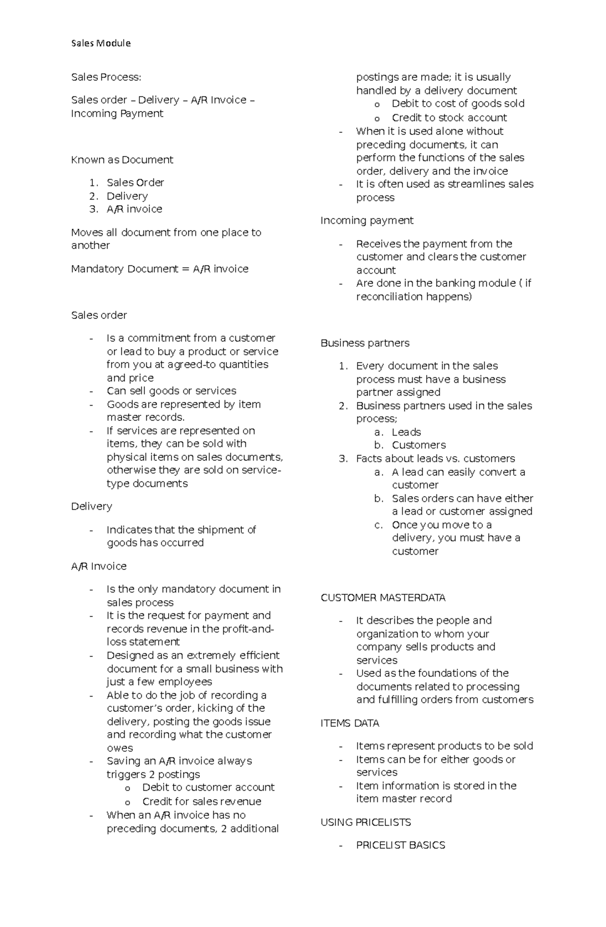Information System - Sales Module Sales Process: Sales order – Delivery ...