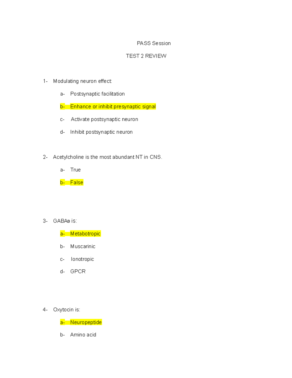 Sample/practice exam, questions and answers - PASS Session TEST 2 ...