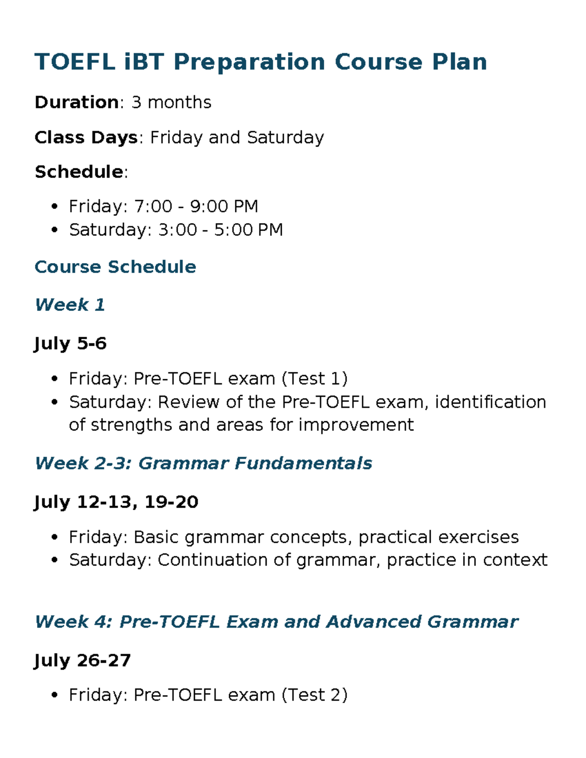 Toefl i BT - Examen de inglés - TOEFL iBT Preparation Course Plan ...