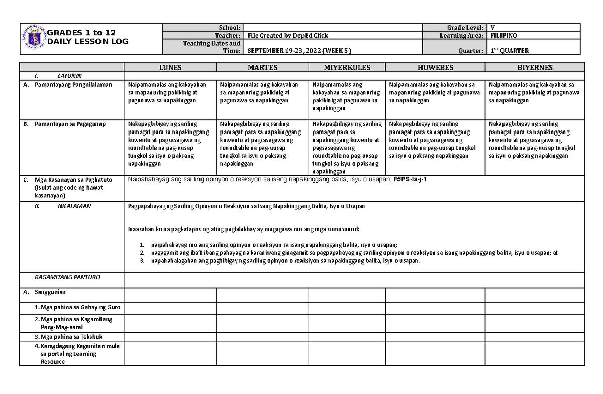 Daily Lesson Log English 5 Week 4 - GRADES 1 to 12 DAILY LESSON LOG ...