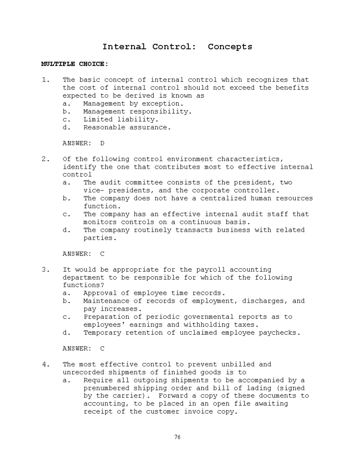 Internal- Controlconcepts - Internal Control: Concepts MULTIPLE CHOICE ...
