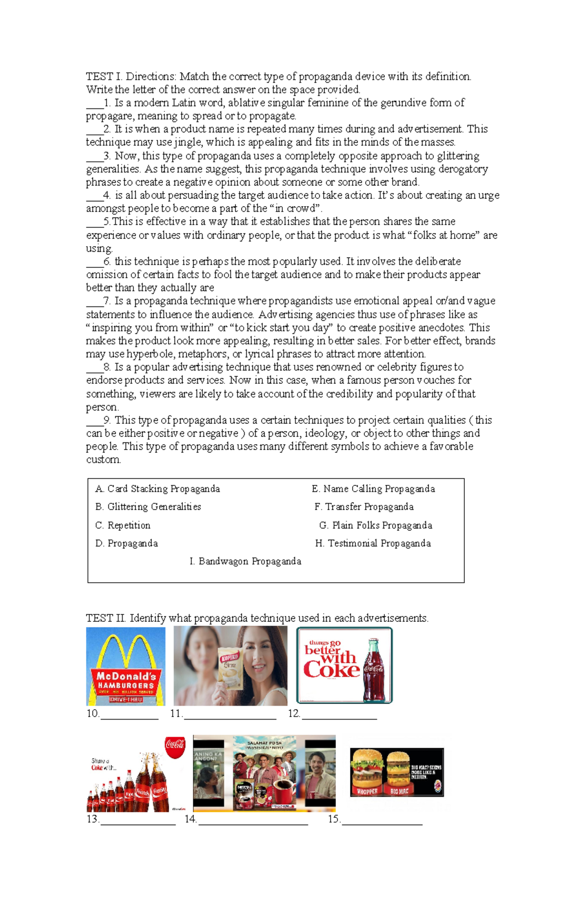 TEST-I - ajhszhdhusus - TEST I. Directions: Match the correct type of ...