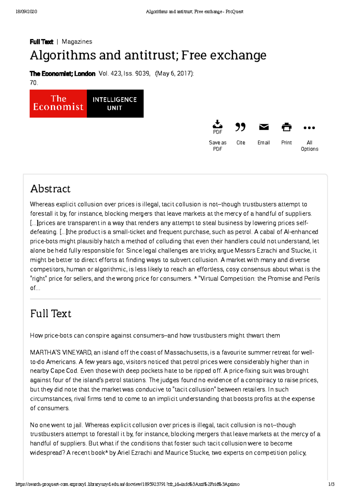 Algorithms and antitrust; Free exchange - Pro Quest - 18/09/2020 ...