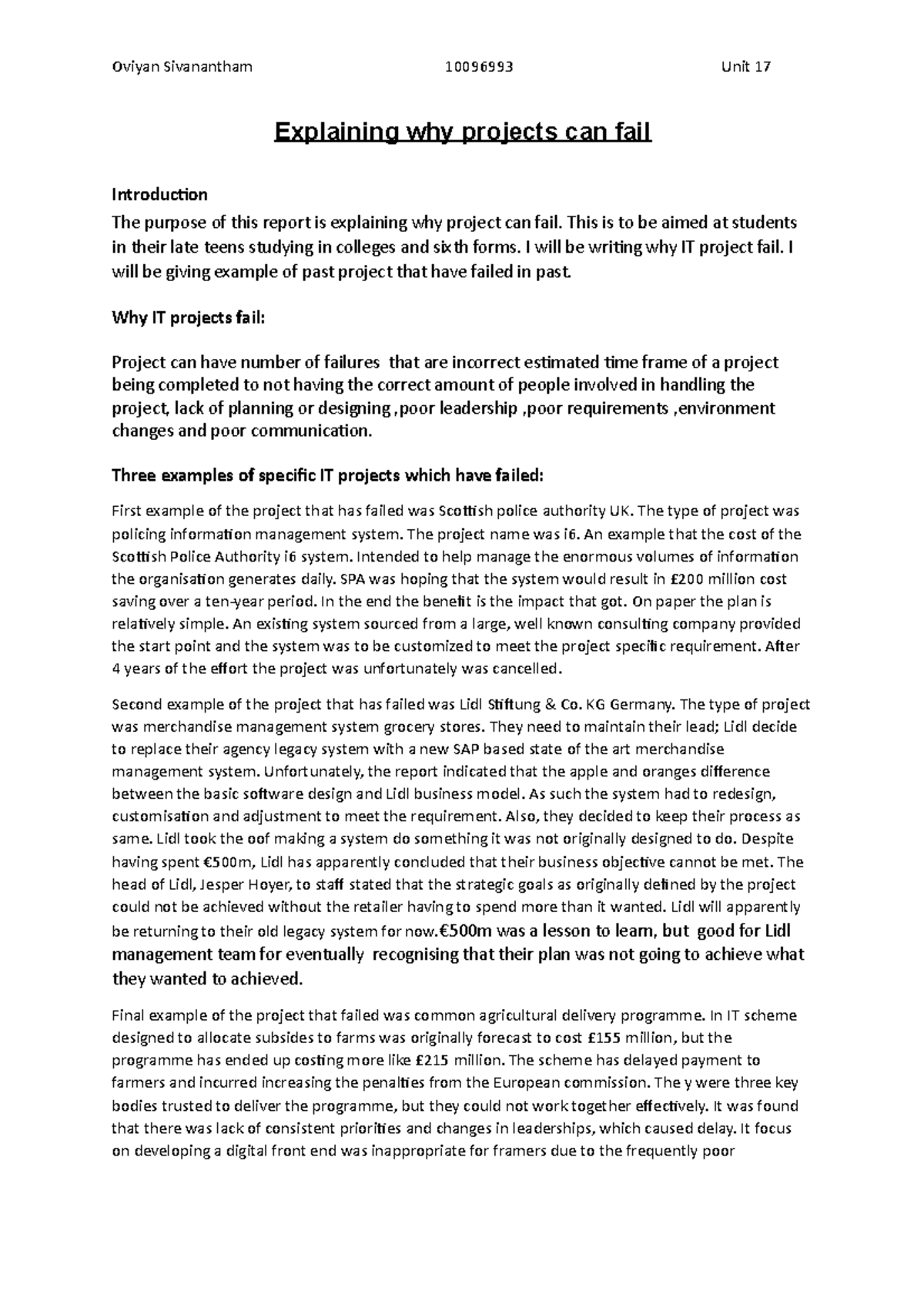 M1 Explaining why projects can fail - This is to be aimed at students ...