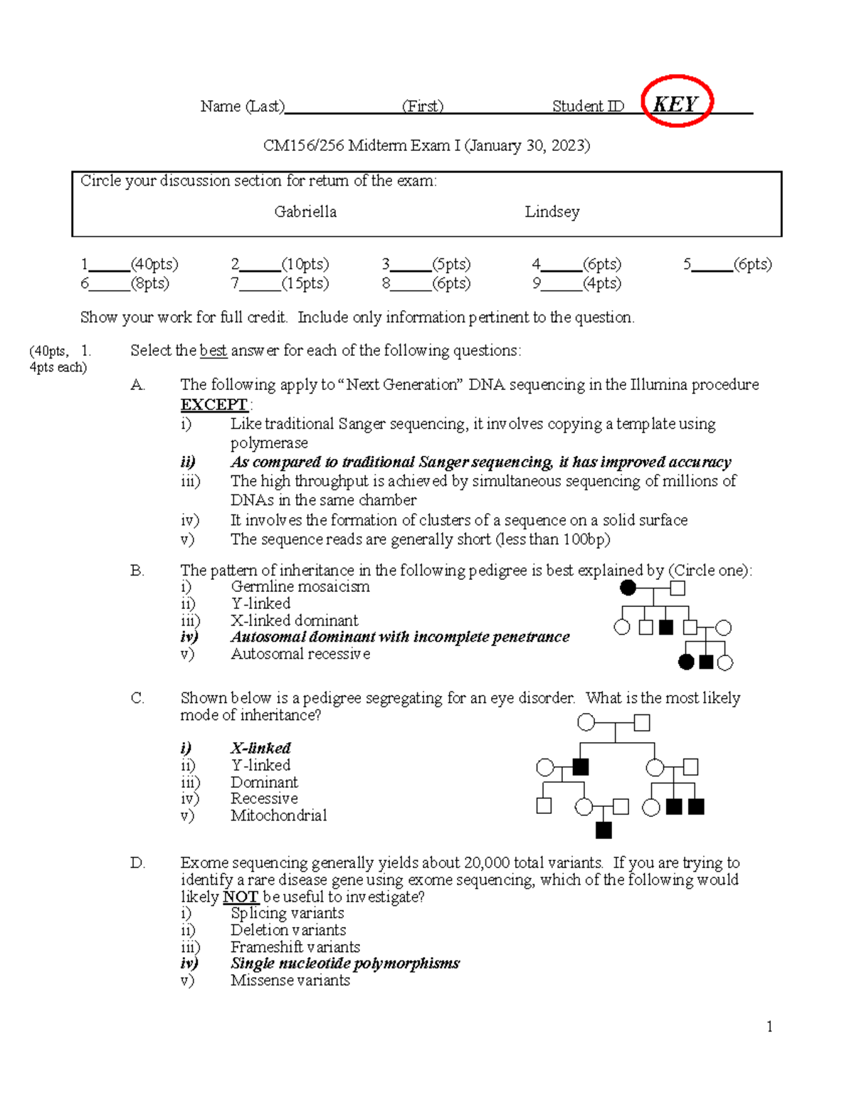 CM156-Midterm I-Winter 2023-Jan. 30-KEY - Name (Last) (First) Student ID KEY CM156/256 Midterm ...