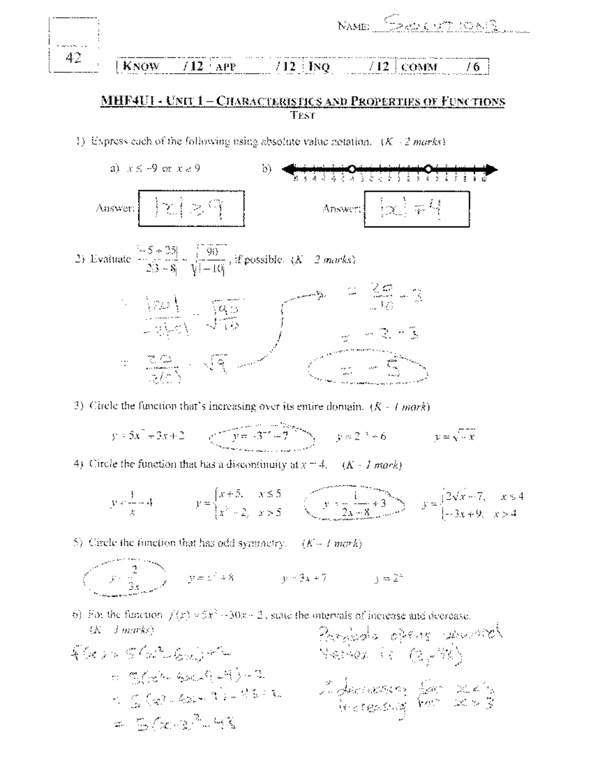 MHF4U - Unit 1 Test - Solutions - Period 1 - PS101 - Studocu