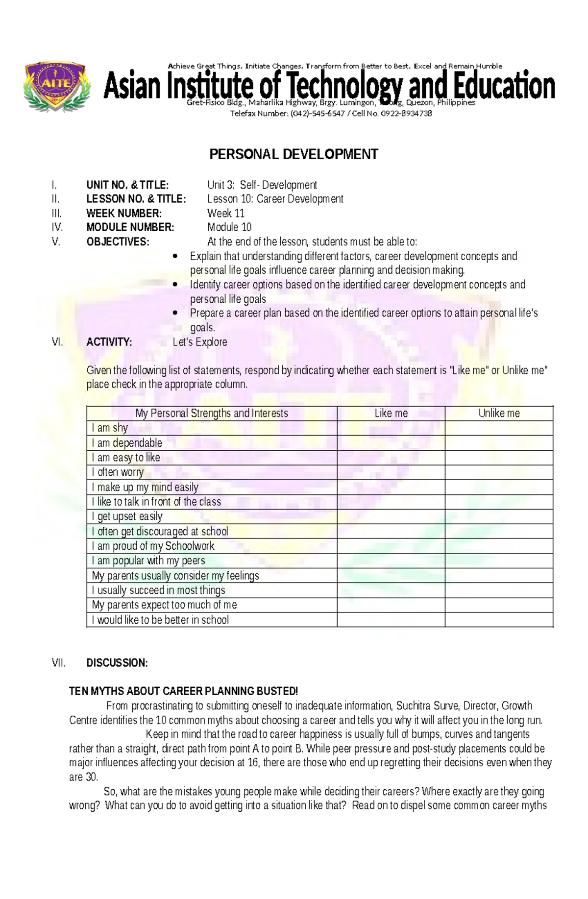 Week 10 personal development - PERSONAL DEVELOPMENT I. UNIT NO. & TITLE ...