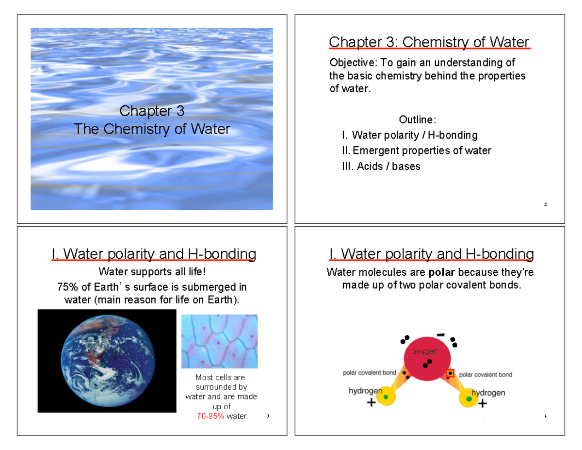 BIO 201 KLB 03 Water Chemistry notes - Chapter 3 The Chemistry of Water ...