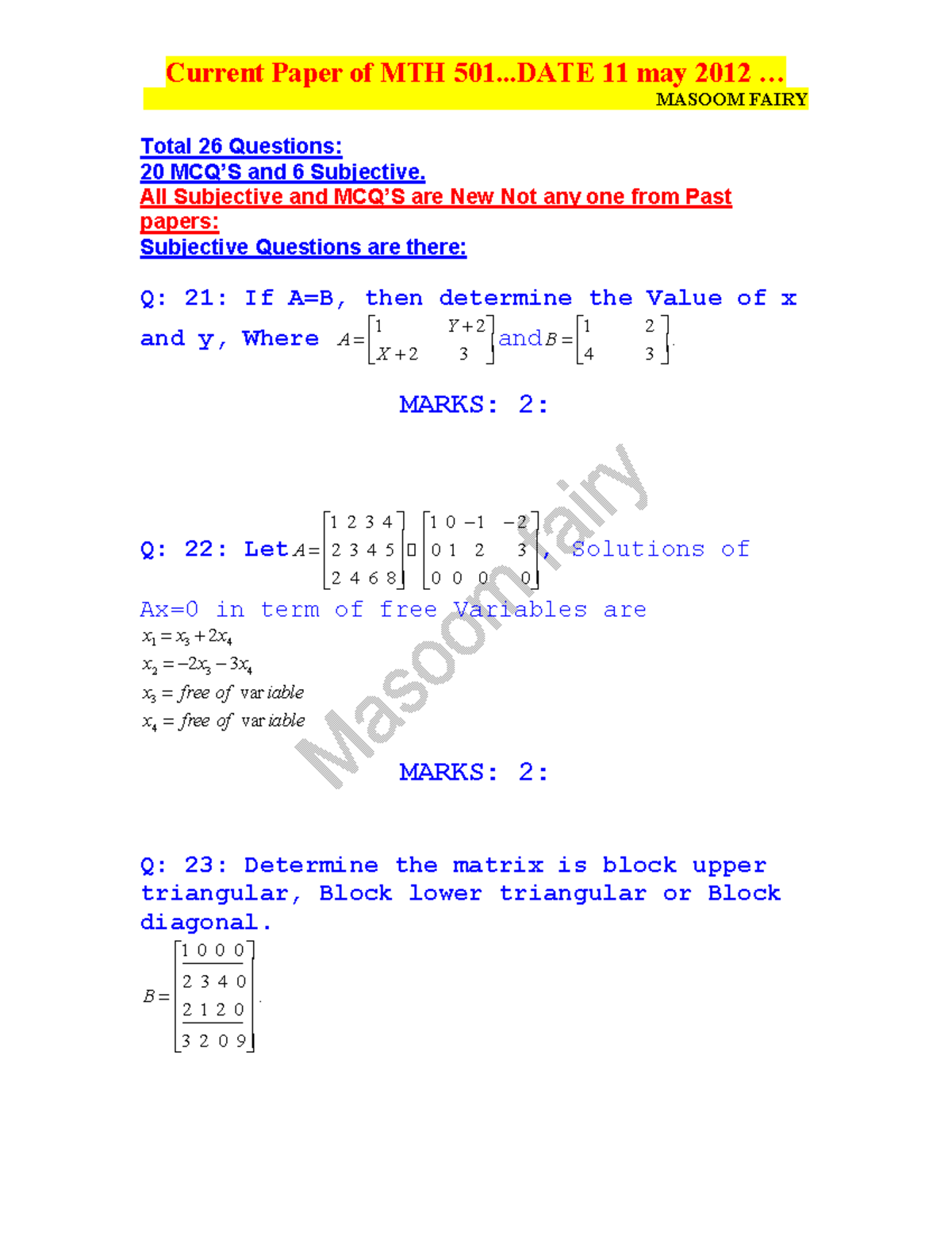 8.MTH501-Final Term- Currentpaper...DATE11MAY2012 - Current Paper of MTH 501.. 11 may 2012 ...