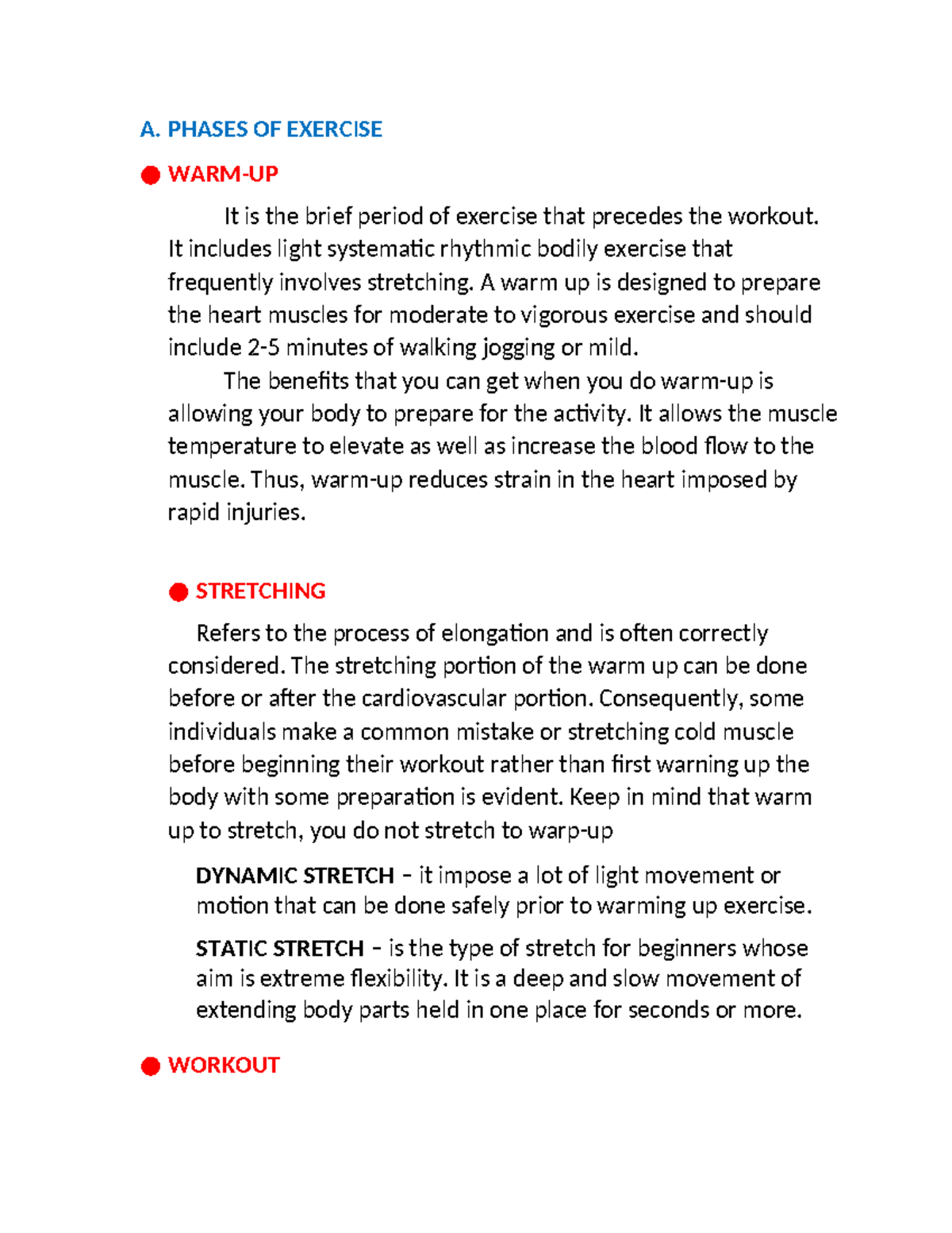 Phases of Exercise lecture - A. PHASES OF EXERCISE WARM-UP It is the ...