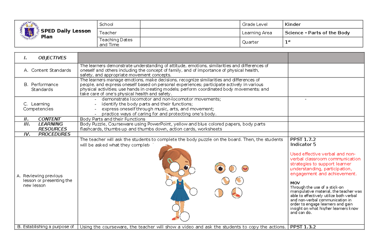 Parts of the Body 1st Q LP SY24-25 - SPED Daily Lesson Plan School ...