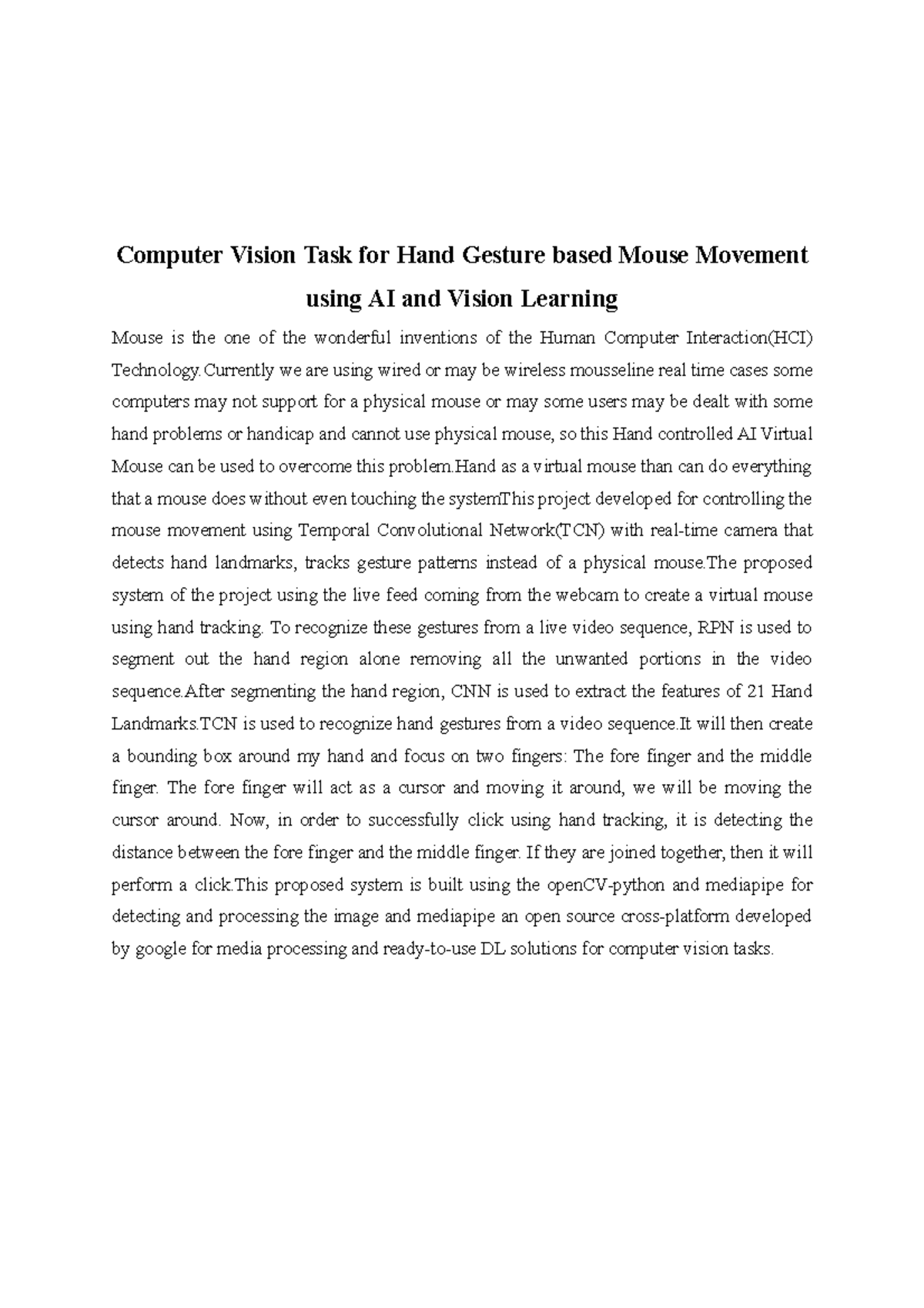 Computer Vision Task For Hand Gesture Based Mouse Movement Using Ai And Vision Learning To