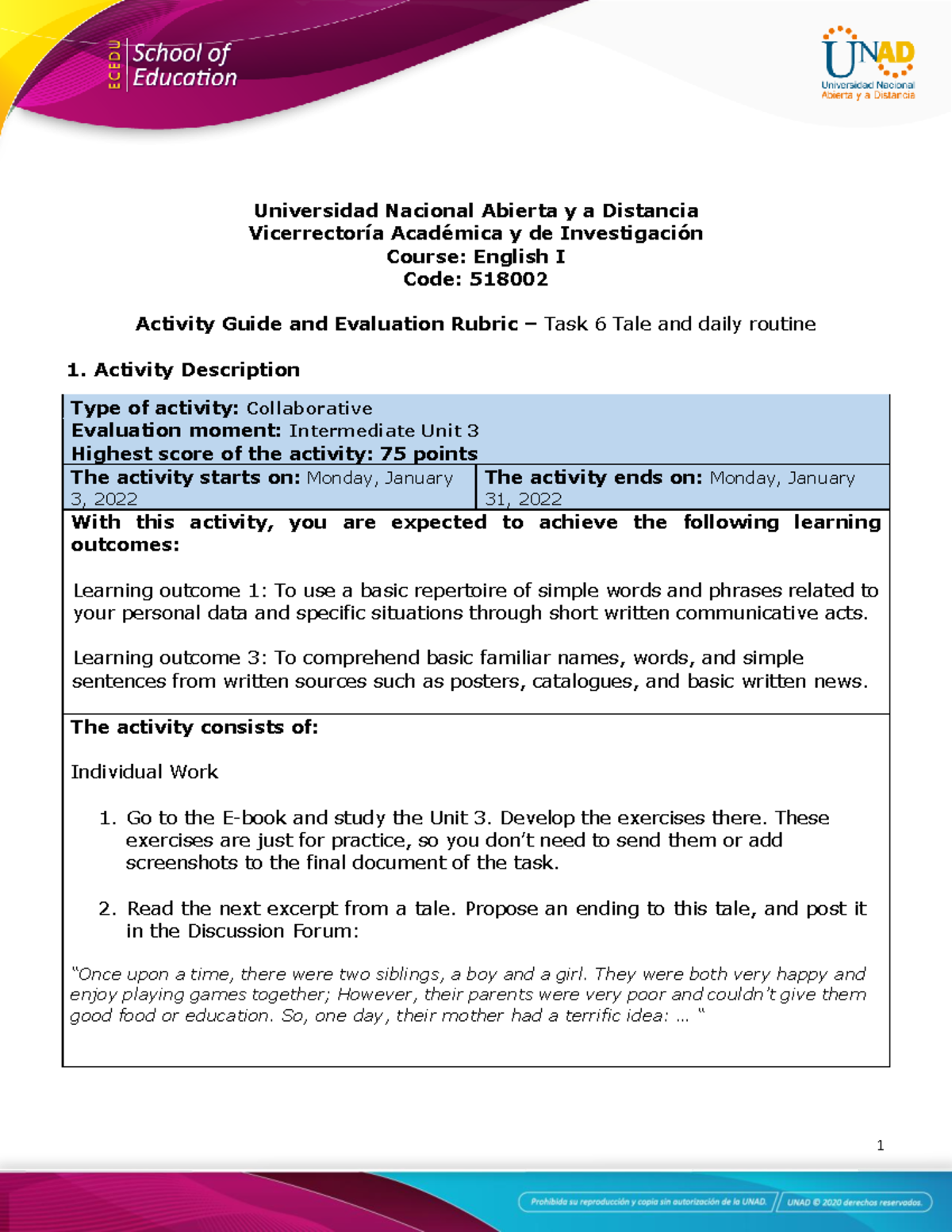 Activity Guide and Evaluation Rubric - Unit 3 - Task 6 - Tale and daily ...