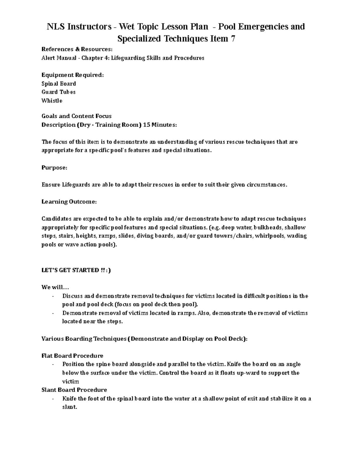 NLS Instructors - Wet Topic Lesson Plan Chpt. 4 - Pool Emergencies and Specialized Techniques ...