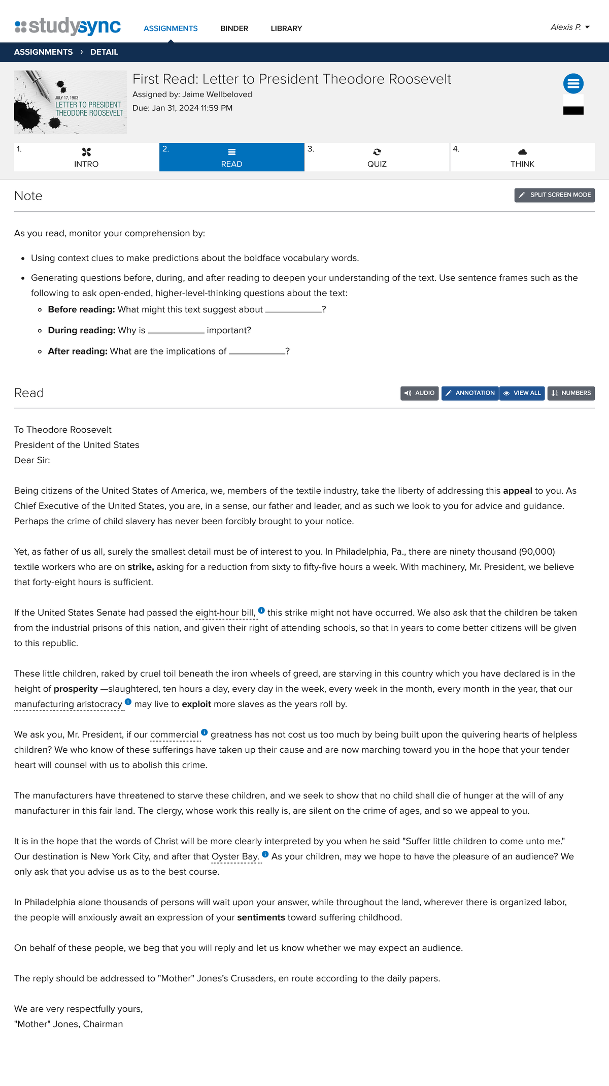 Study Sync - Read - First Read Letter to President Theodore Roosevelt ...