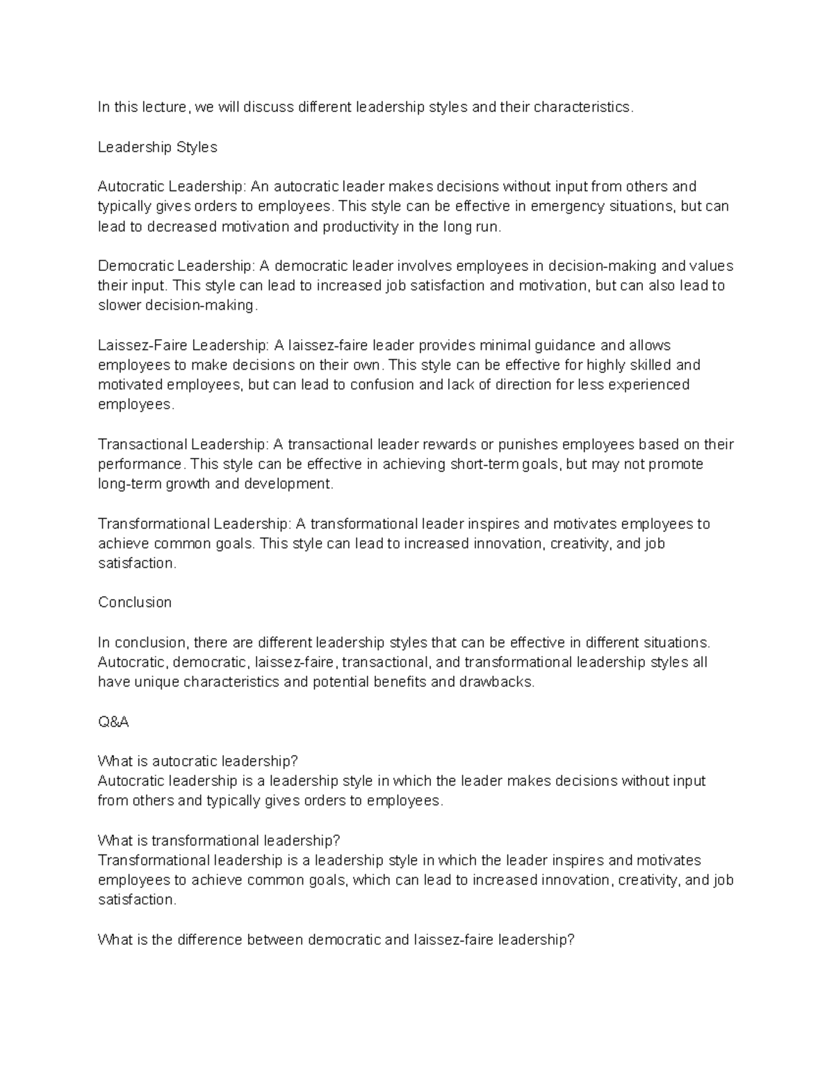 Lecture #33 Leadership Styles - In this lecture, we will discuss ...