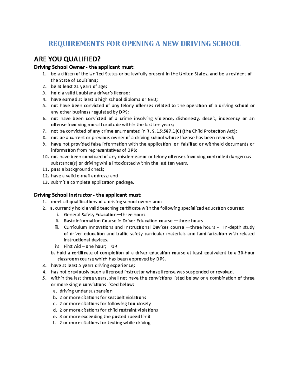 Driving School Instructions - REQUIREMENTS FOR OPENING A NEW DRIVING ...
