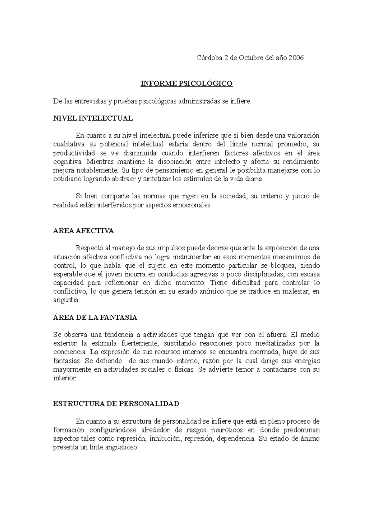 Modelo de informe - Córdoba 2 de Octubre del año 2006 INFORME ...