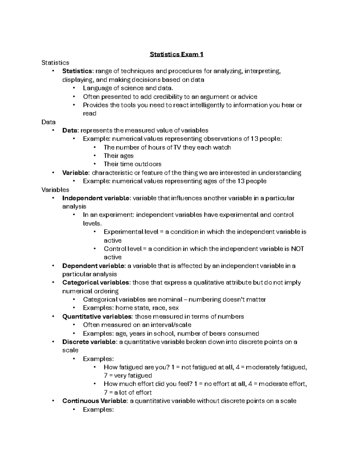 Statistics Exam 1 - Study guide - Statistics Exam 1 Statistics ...